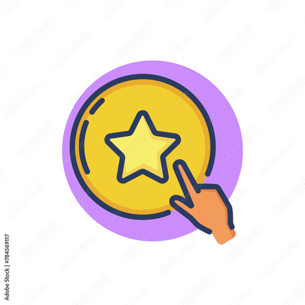 Hand pointing at bonus point line icon. Finger on button with star ...