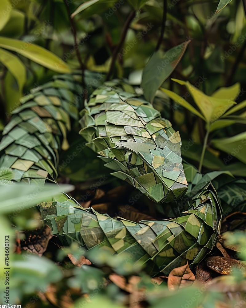 In the realistic jungle, an origami snake slithers through the ...