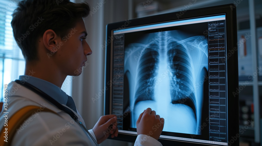 Young Doctor Analyzing Chest X-ray on Hospital Monitor at Night Stock ...