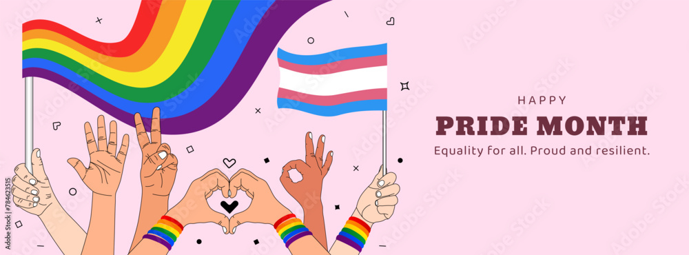 pride month celebration banner design with illustration of hand hold ...