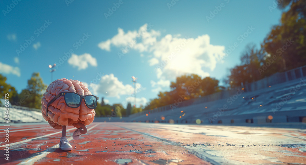 An animated human brain with sunglasses and sneakers, energetically ...