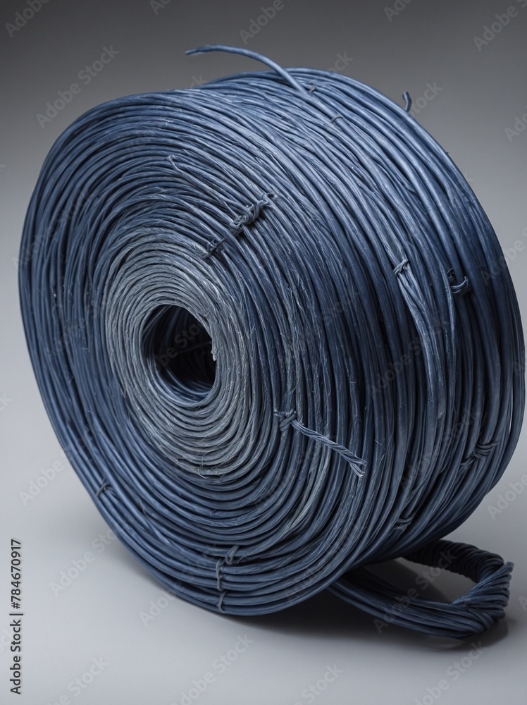 Large roll of blue steel wire captures attention, meticulously coiled ...