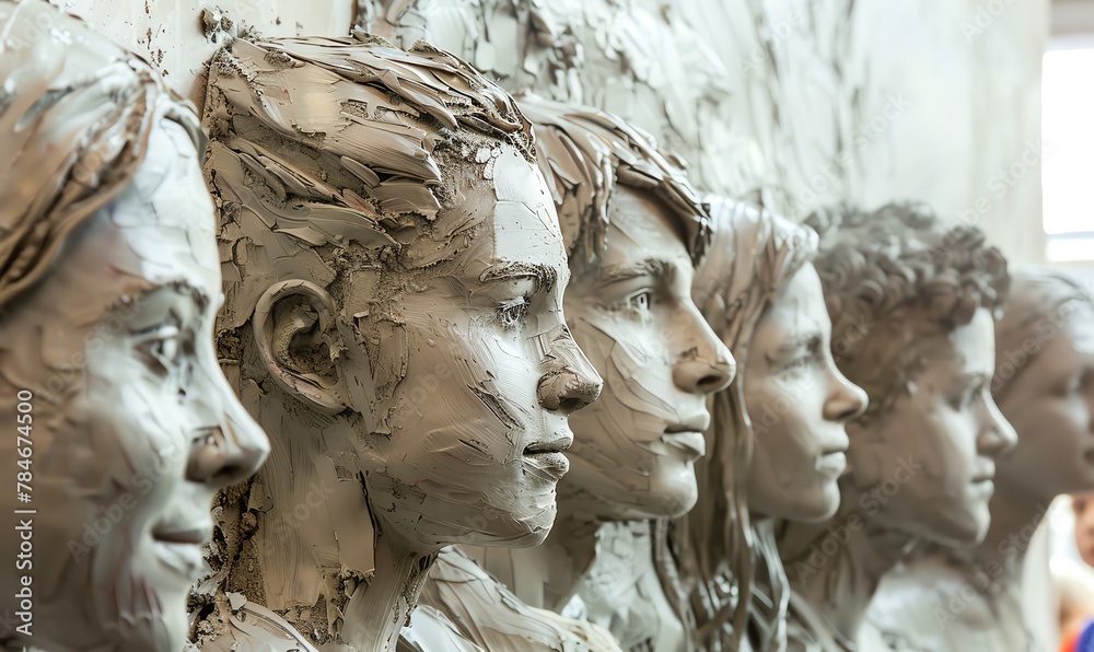 Craft a clay sculpture scene featuring young people at eye level, each ...