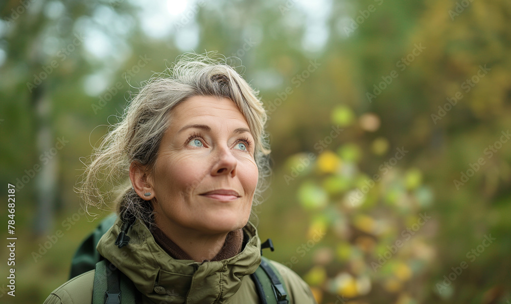 50 year old woman, going for a hike, beautiful wilderness, looking up ...