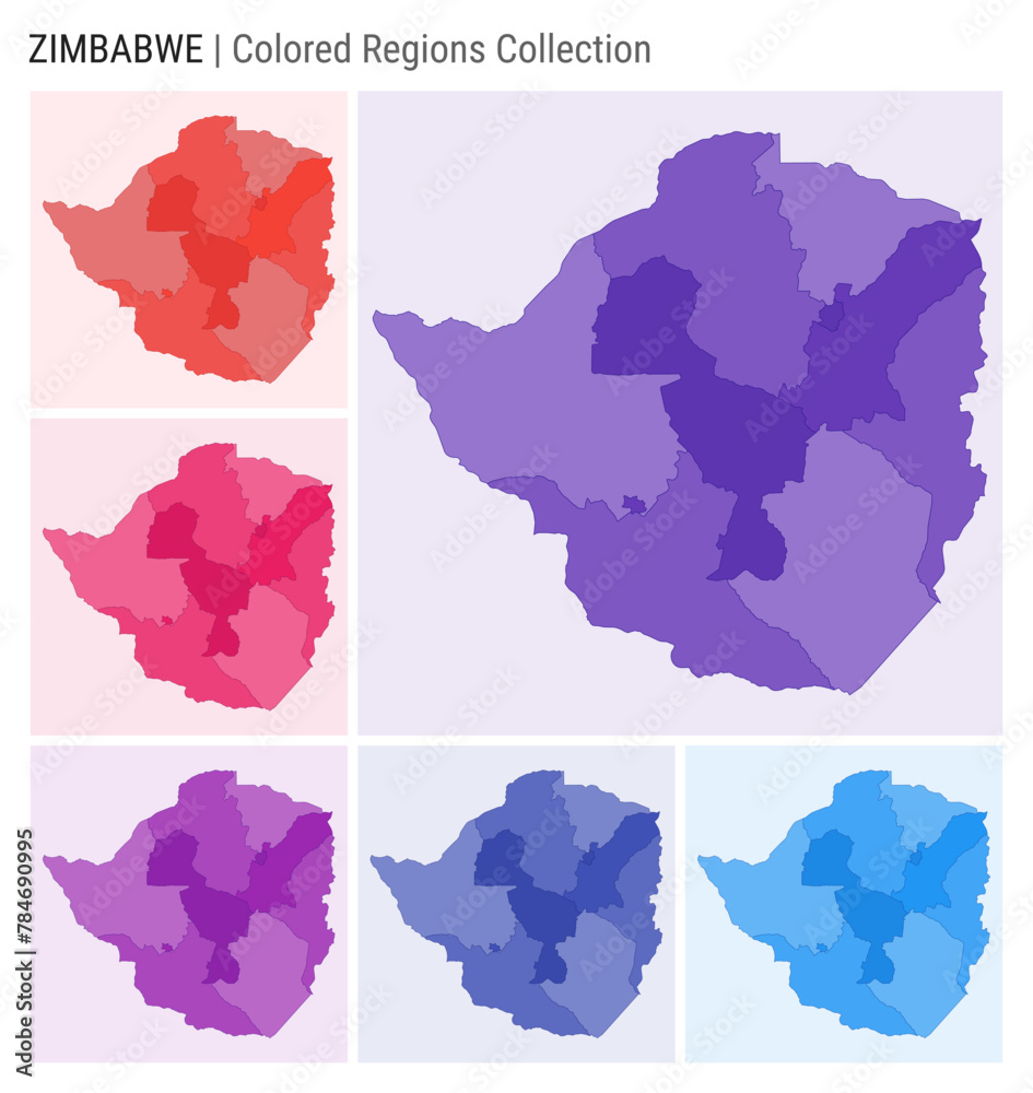 Zimbabwe map collection. Country shape with colored regions. Deep ...