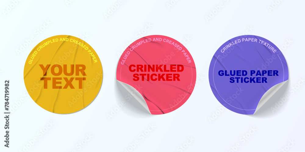 Round paper sticker label. glued sticker mockup. realistic wrinkled ...