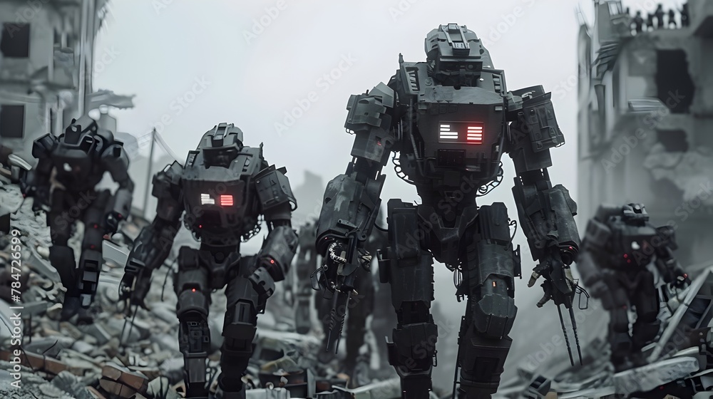 Heavily Armored Robotic Soldiers Marching Through Devastated Urban ...