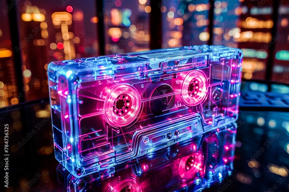 Retro cassette tape with neon pink and purple lights on a reflective ... Retro cassette tape with neon pink and purple lights on a reflective ...