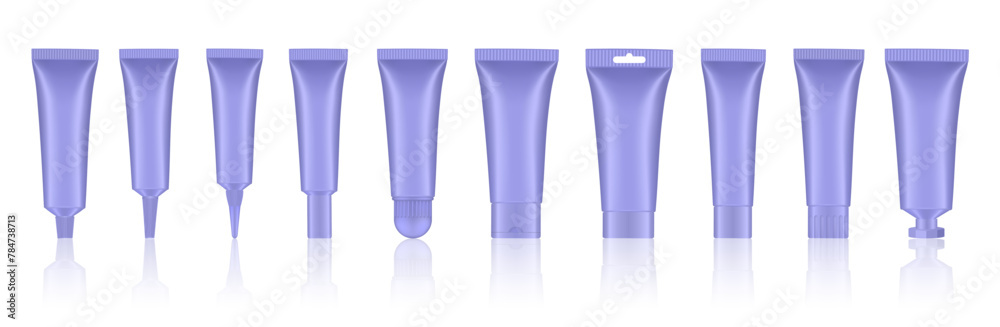 Set of violet cosmetic tubes. Closed blank tubes with caps. Realistic ...