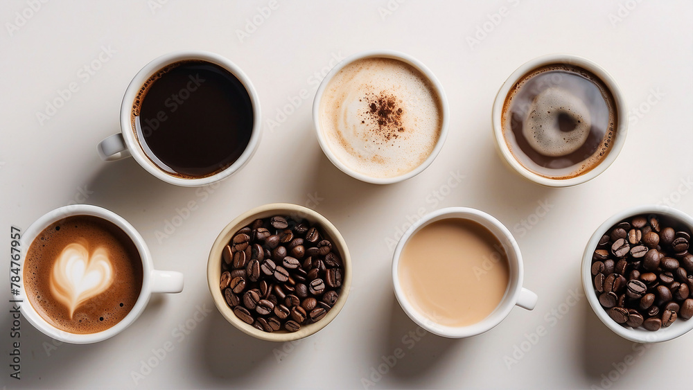 Aromatic group of different types of coffees on white surface ...