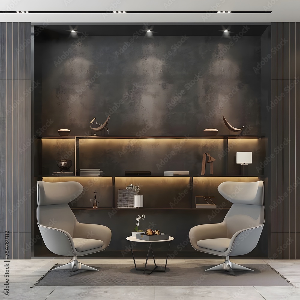A 3D render of a modern reception lounge area with rich chairs ...