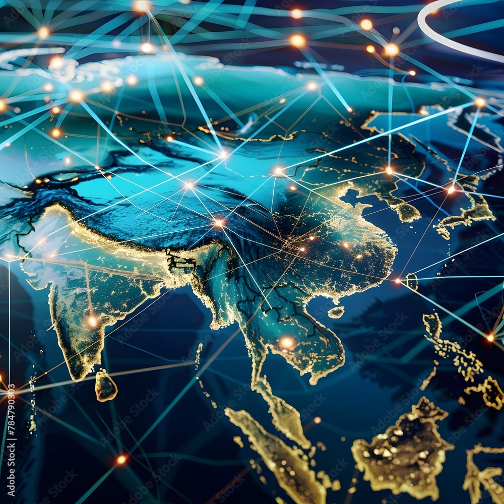 Digital map of Asia with a focus on global network, data transfer, and ...
