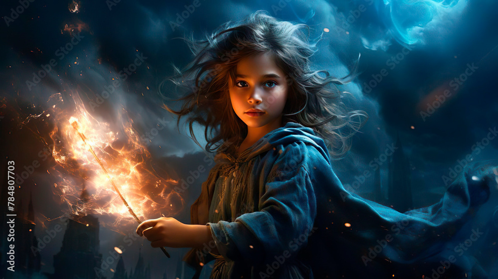 The wizard with a magic wand is ready to fight. Little sorceress ...