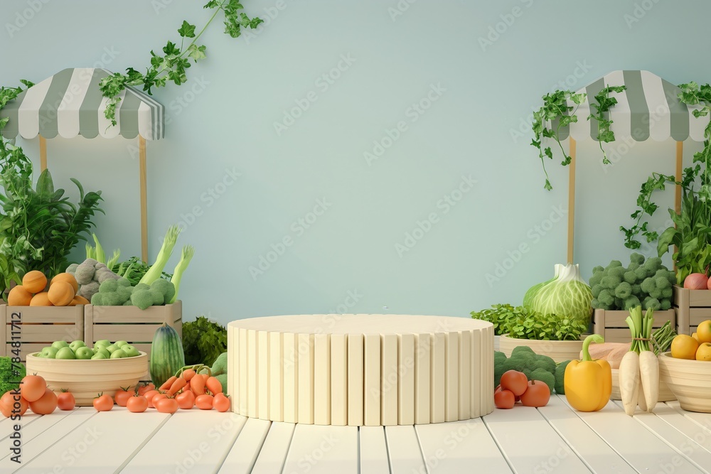 A dynamic market scene with a bountiful display of fresh produce and ...