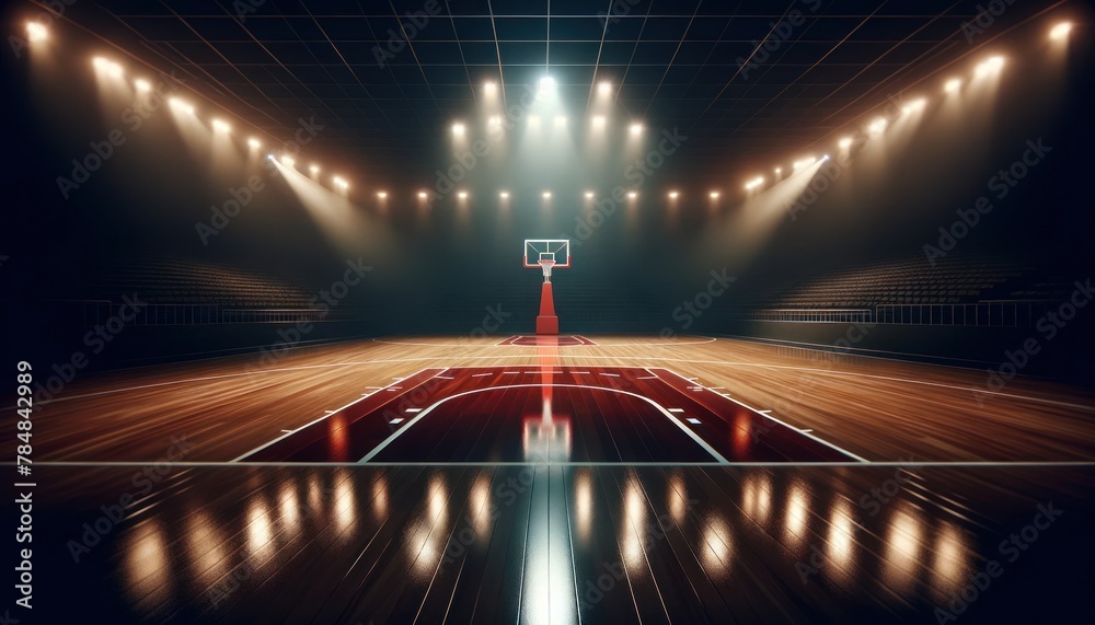 expansive indoor basketball arena with a gleaming polished wooden floor ...