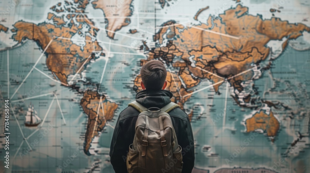 A person standing in front of a world map with strings connecting ...