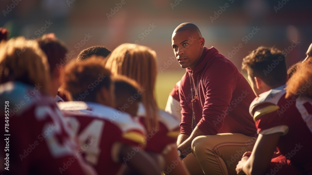 An inspiring coach mentoring student athletes on the field, teaching ...