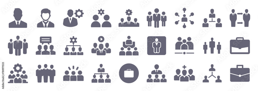 Management glyph flat icons. Vector solid pictogram set included icon ...
