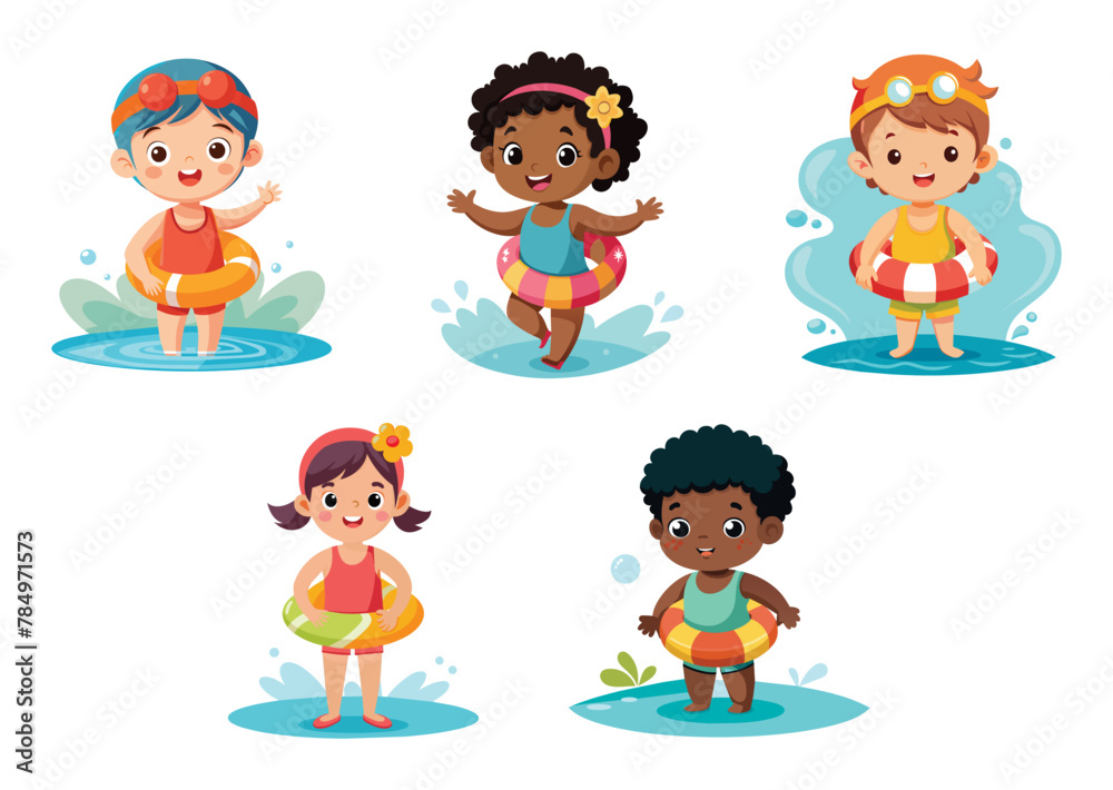 Happy children splashing in water with swimming gear, vector cartoon ...