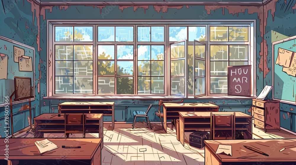 Abandoned school classroom, illustration, cartoon hand-drawing Stock ...