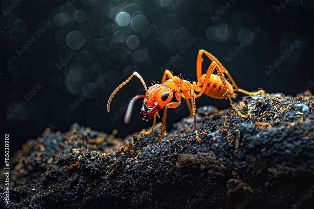 Mystic portrait of Tiny Red Ant on root in studio, The insect's back is ...
