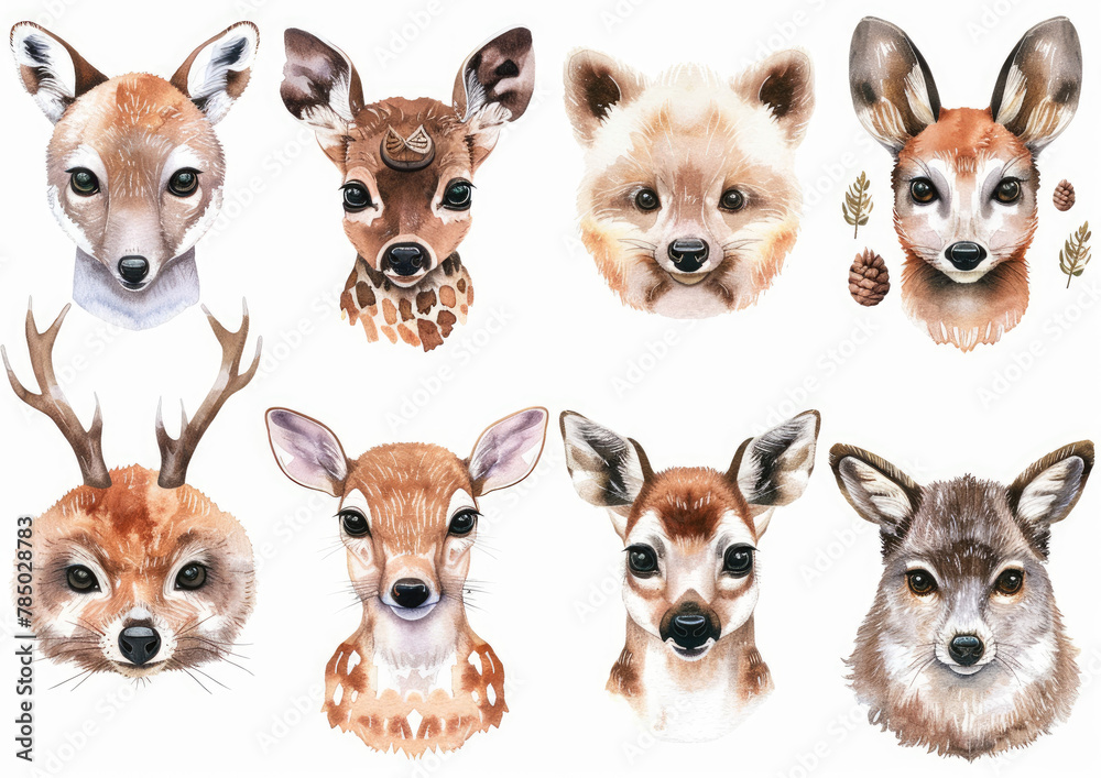 Cute animal face clipart set, watercolor cartoon illustration isolated ...
