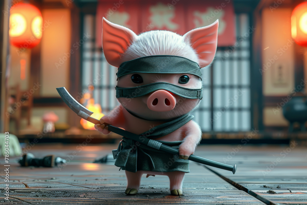 Cute ninja pig with a mask and miniature sai weapons, ready for action ...