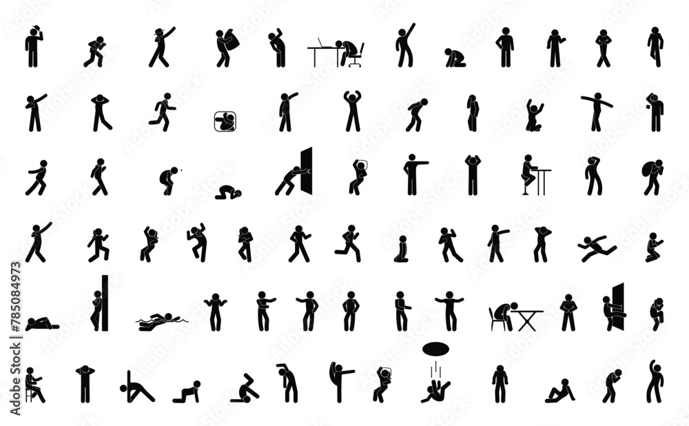 stick figure man icon, large set of stickman, people standing, sitting ...
