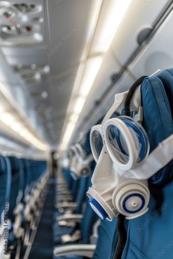 Oxygen emergency masks in an empty airplane cabin. Safety rules for ...