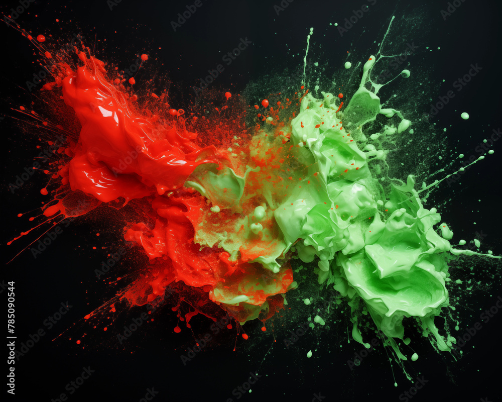 Image of red and green ink splashes and overlays on a black background ...