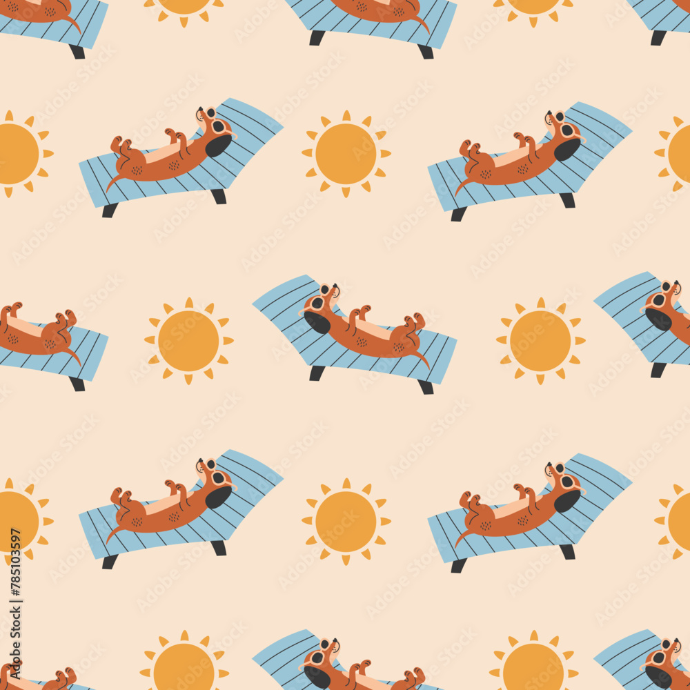 Dachshund dog sunbathing seamless pattern. Funny cartoon puppy in ...