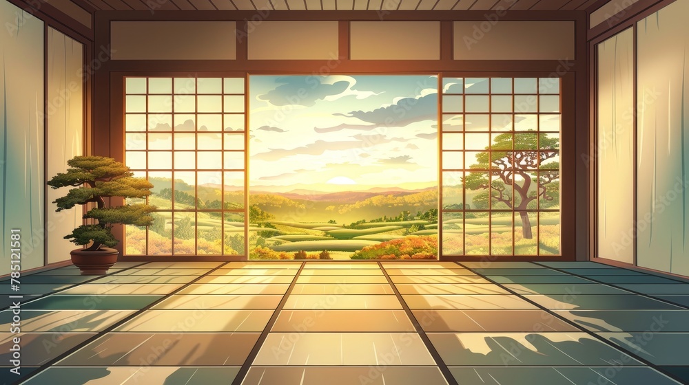 Modern cartoon interior of a traditional Japanese karate dojo with mats ...