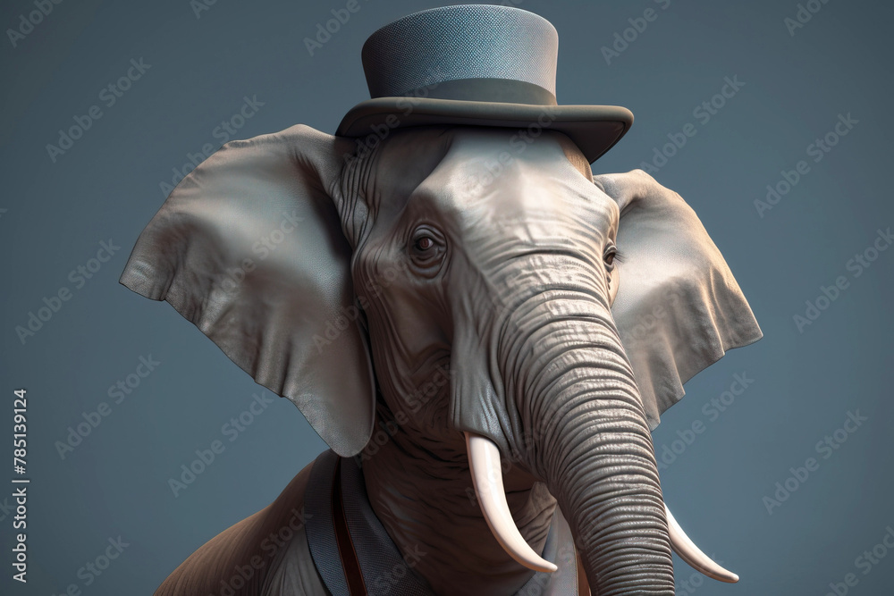 Gentleman boss elephant with a trunk and big ears wearing a hat, suit ...