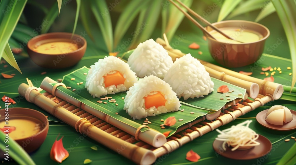 Cartoon food ingredients of sticky rice dumplings on traditional bamboo ...