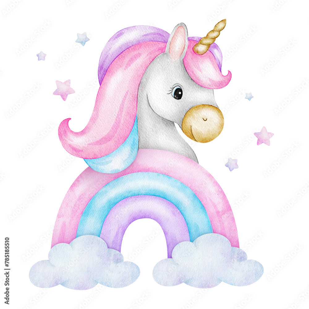 Cute baby Pink Rainbow, fairytale unicorn, star and clouds. Isolated ...
