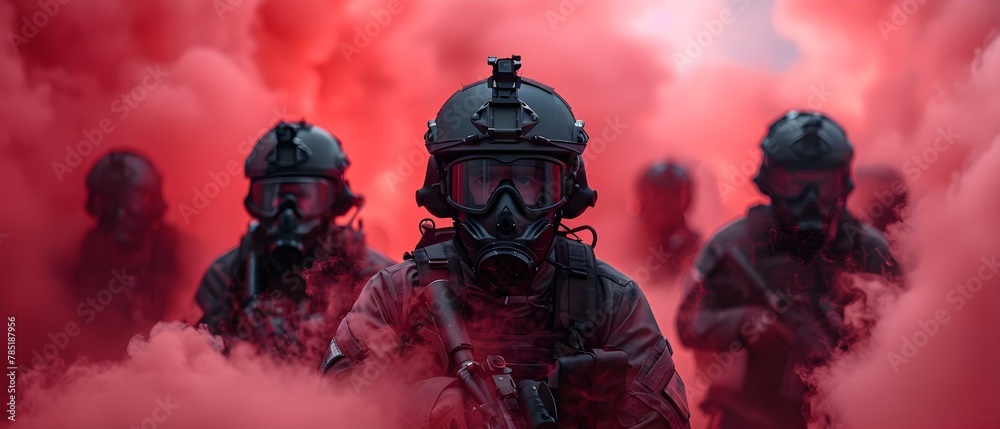SWAT Team in Strategic Formation Amidst Red Smoke. Concept Police ...