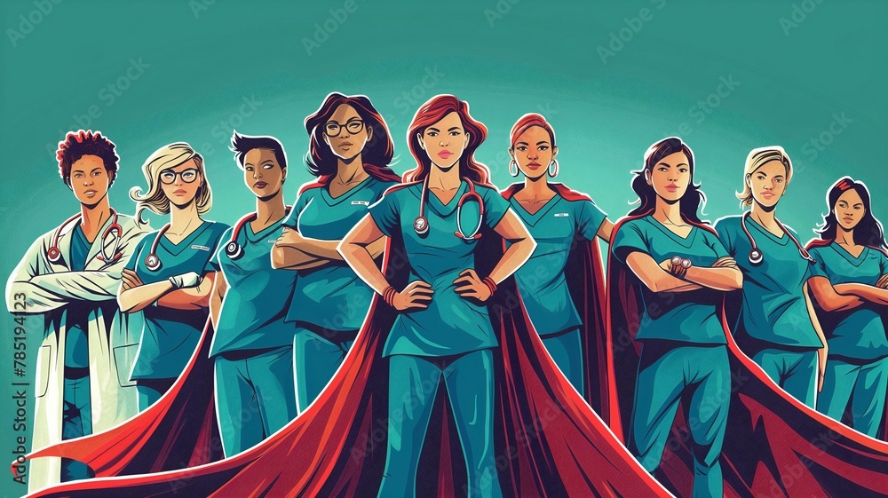 Cartoon style illustration of nurses as super heroes on green color ...