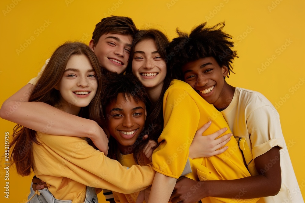 group of young people of different races and nationalities hug each ...