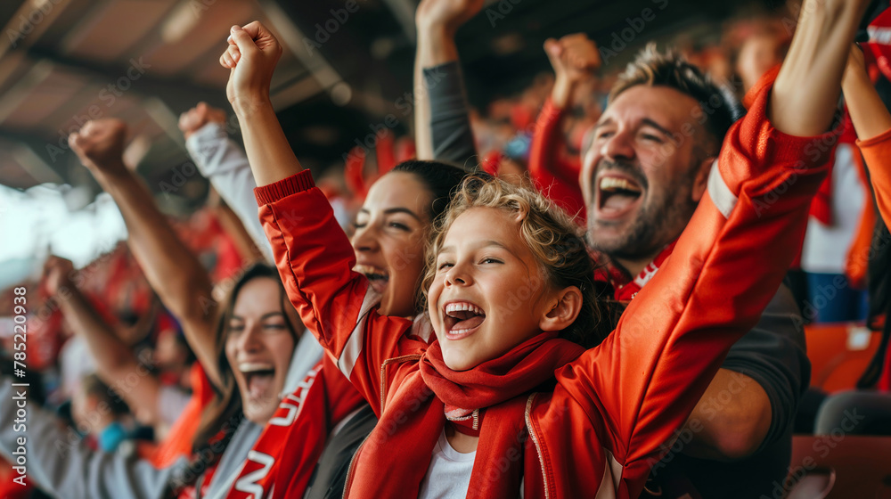 Members of extended family with kids cheering for their sports team ...