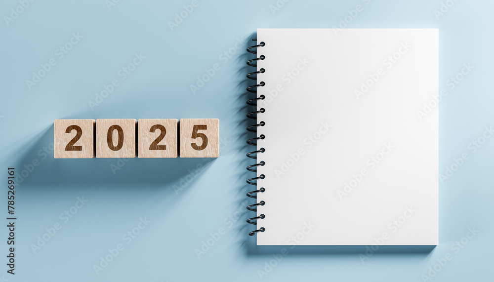 2025 mockup notepad. 2025 cubes wooden table background. New Year ...