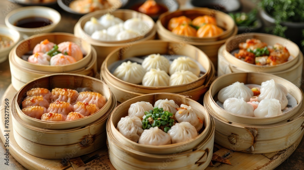 Dim Sum Delights: A steaming bamboo basket filled with an assortment of ...