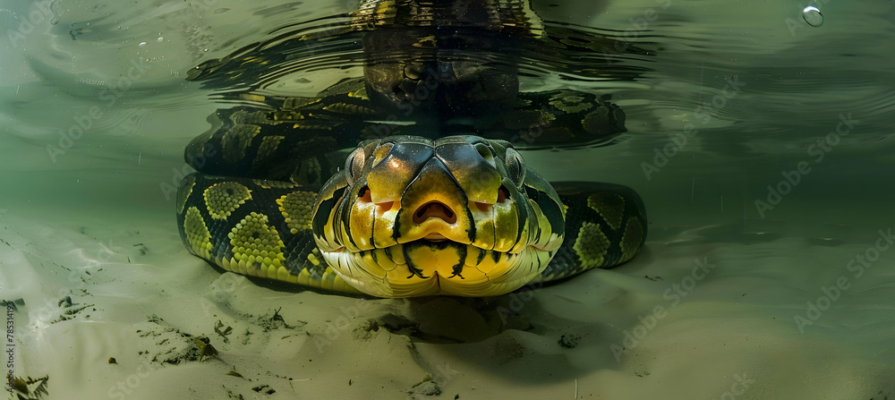 A green anaconda in a shallow water, shot with a polarization filter to ...