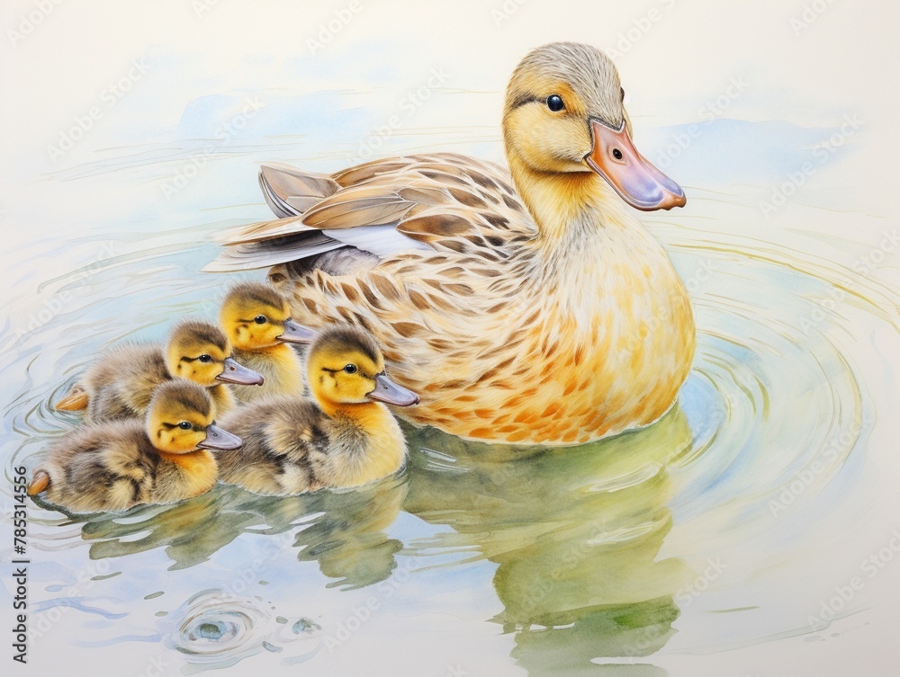 Swimming ducks have ducklings following themcolor pencil drawing Stock ...