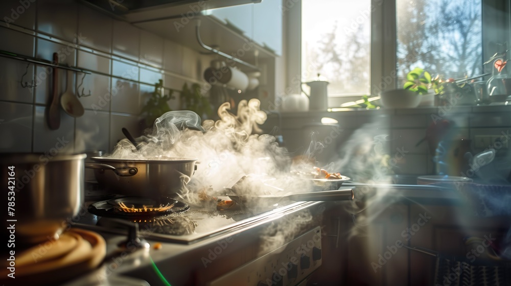 Smoke on stove after burning food in pot. Burning on kitchen in ...