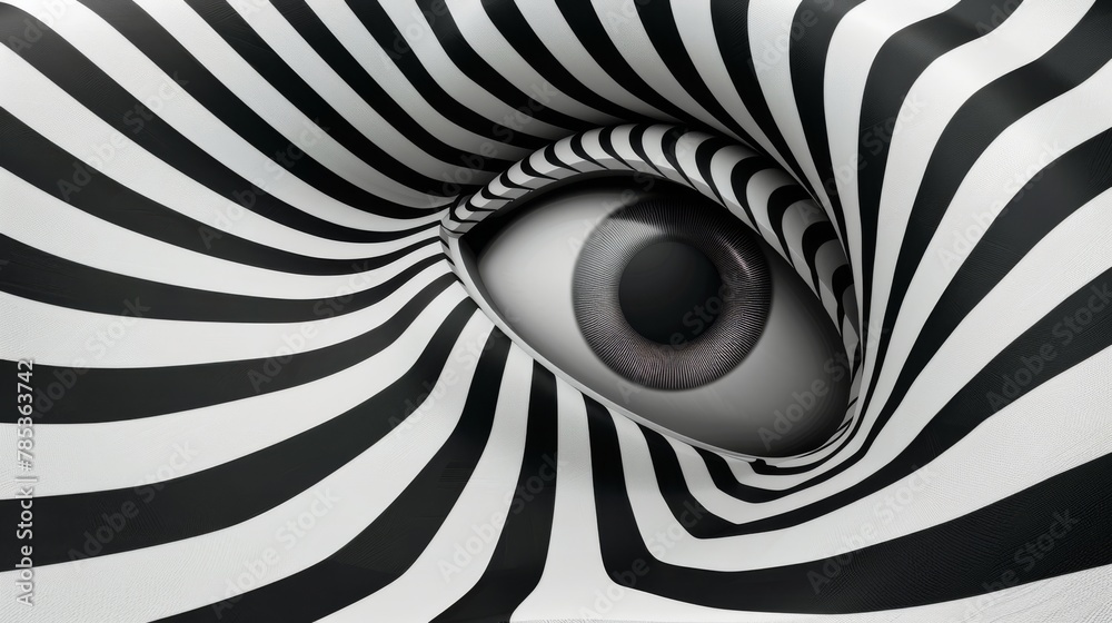 Surreal black and white striped vortex encircling a realistic eye ...