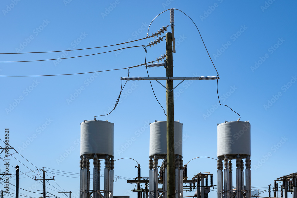 Capacitors, high voltage current transformers in a power substation ...