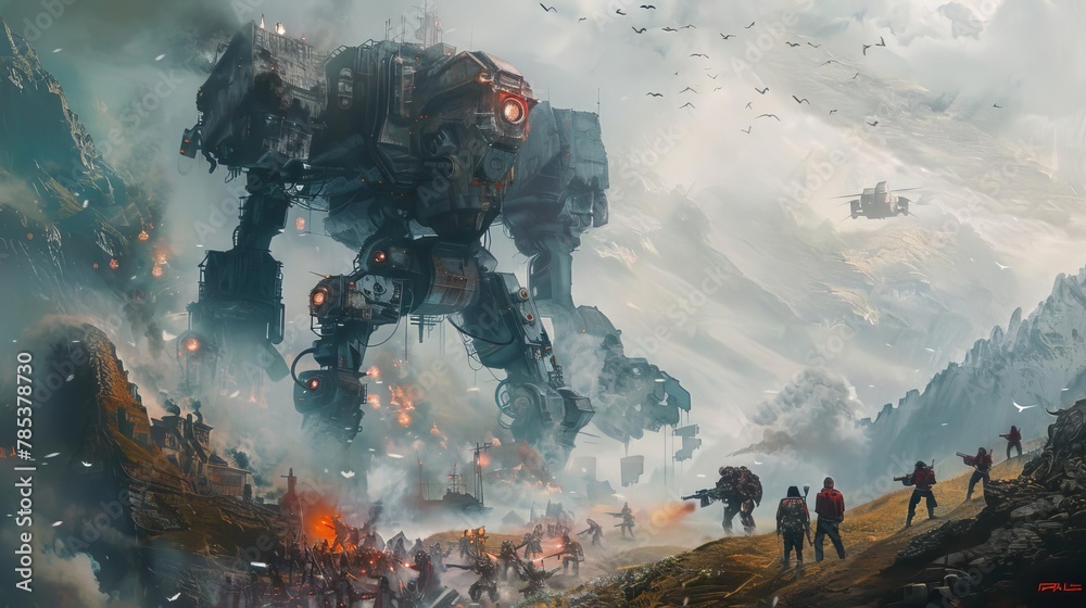 fantasy battle scene with giant robots mythical creatures and a wartorn ...