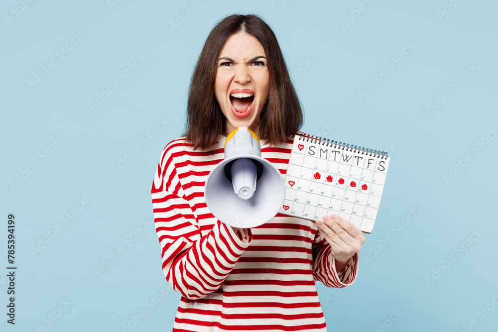 Young woman wear red casual clothes hold female periods pms calendar ...