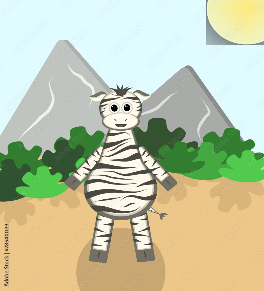 Savannah with cute zebra, acacia trees and green grass. Vector cartoon ...