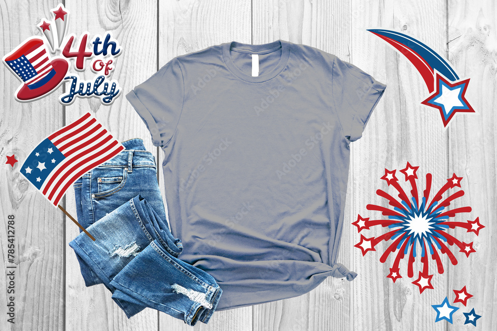 Fotografie 4th of july Grey shirt Mockup with usa flag for mockup ...